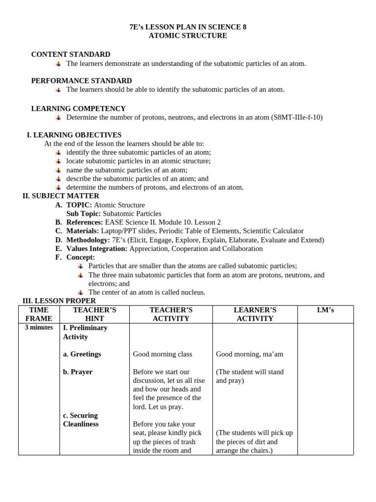 Science 8 Lesson Plan: Atomic Structure | PDF | Atoms | Chemical Elements