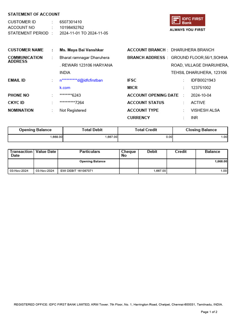 IDFCFIRSTBankstatement_10198492762 | PDF | Debit Card | Banks