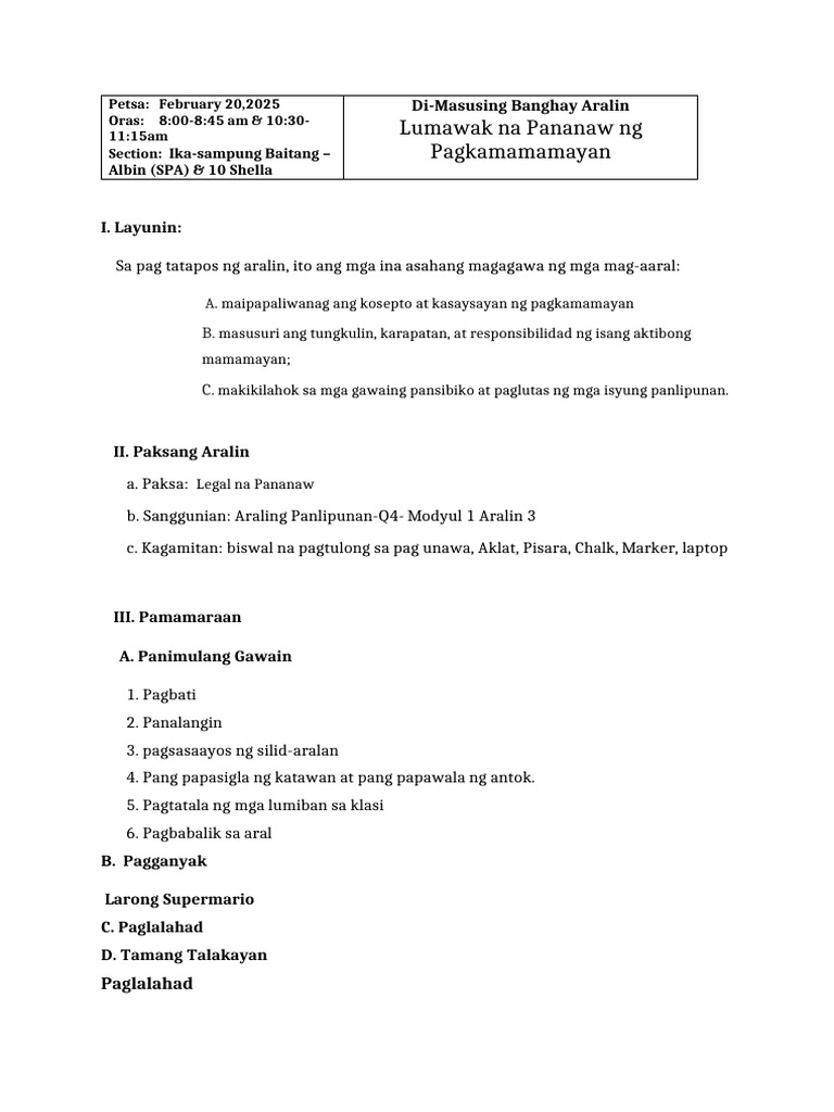 lesson plan for AP Lumawak na pananaw sa pagkamamayan March 3 | PDF
