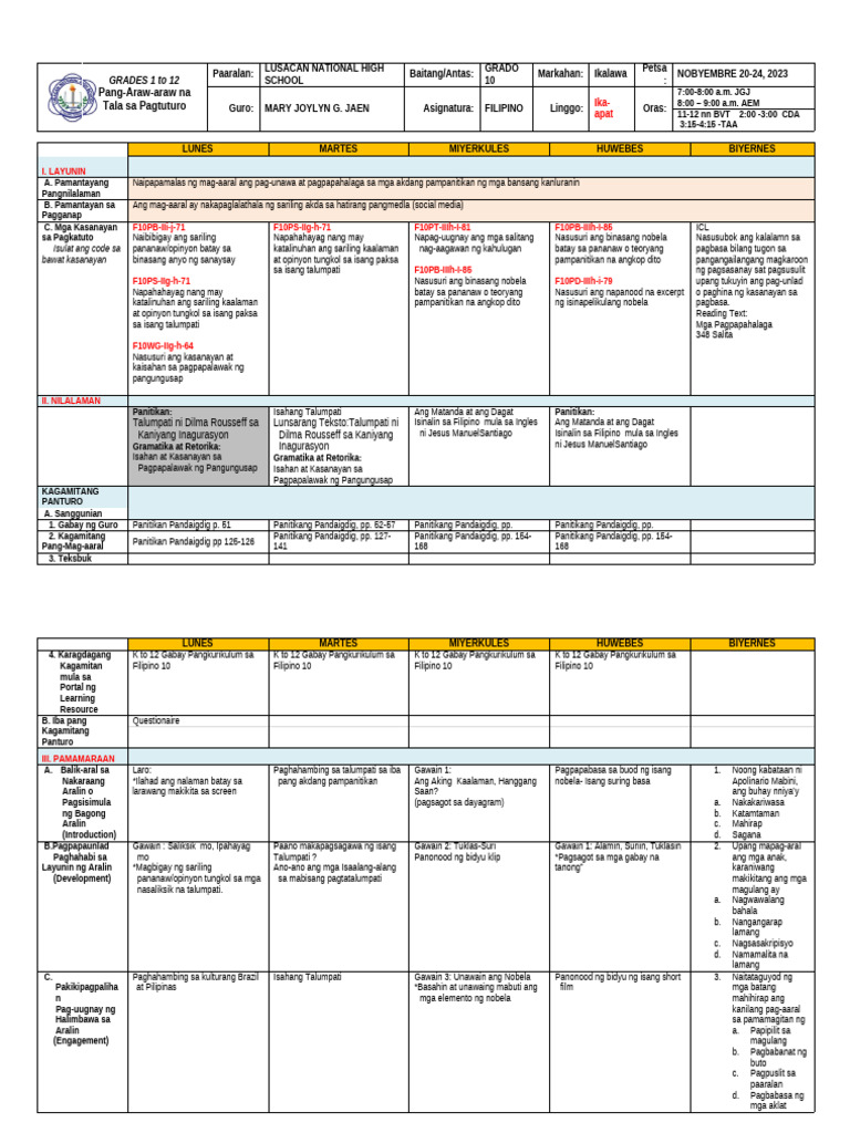 DLL FILIPINO 10-Aralin 2.1-B-For Print | PDF