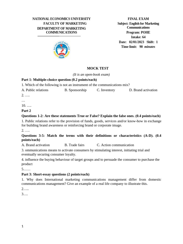 MOCK TEST English For Marketing Communications | PDF