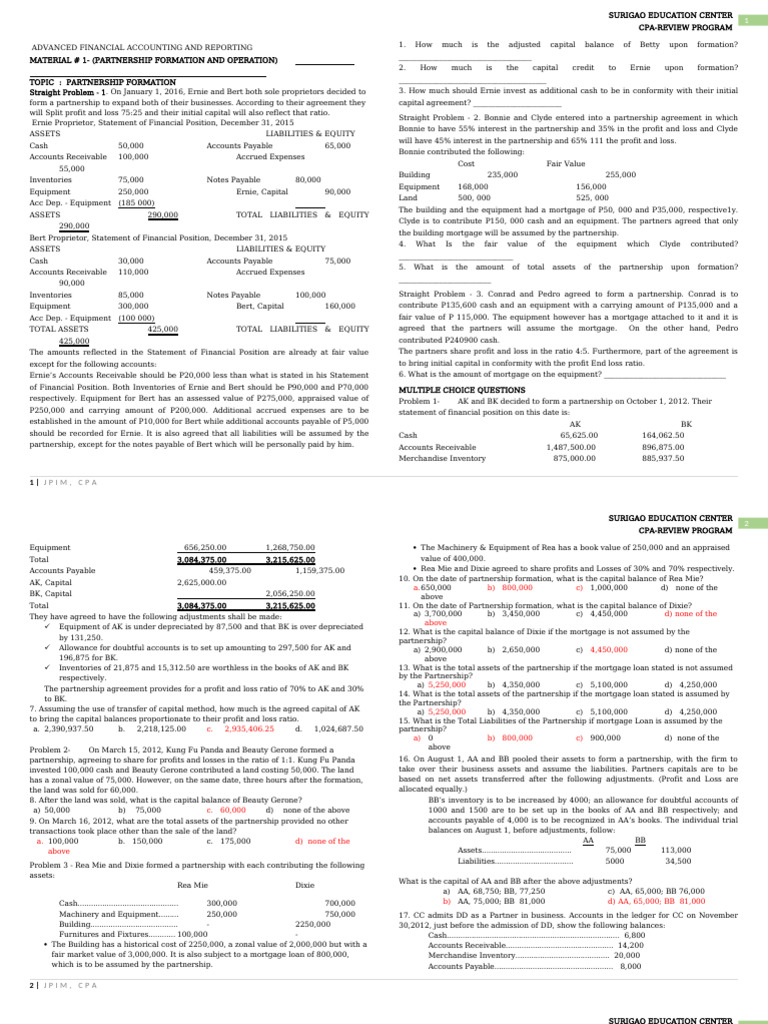 Partnership Formation and Capital Adjustments | PDF | Balance Sheet ...