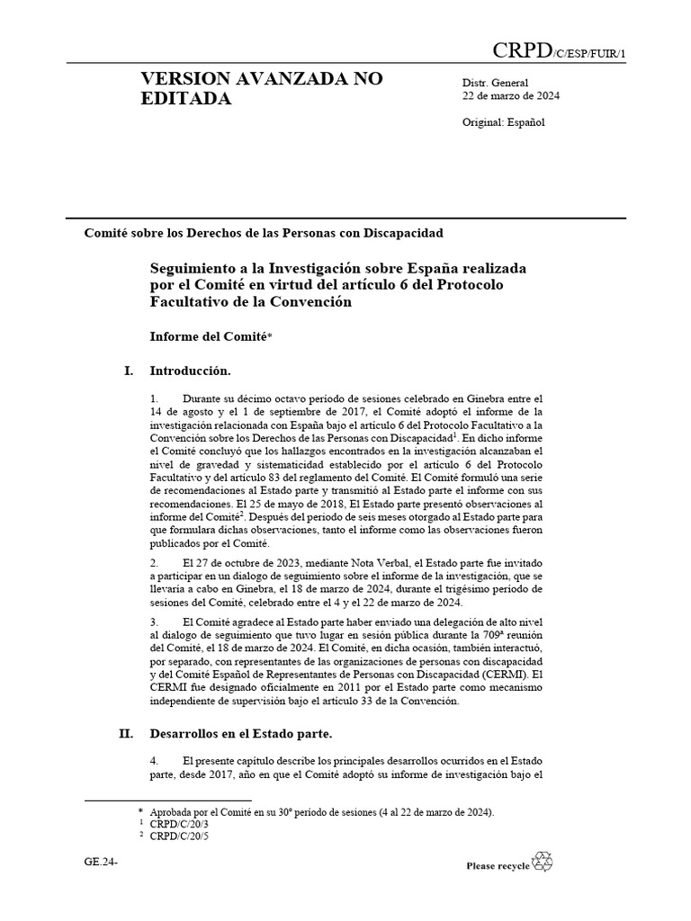 M1 Informe Marzo 2024 CDPD de La ONU | PDF | Educación especial | Inclusión (Educación)