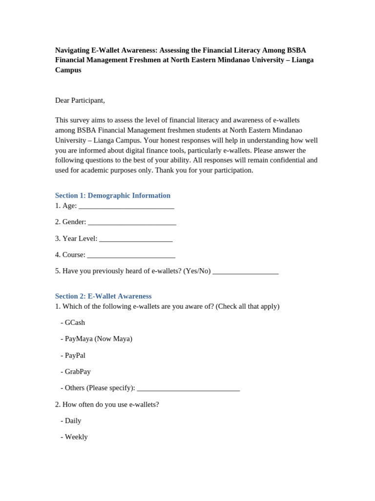 E-Wallet Awareness Survey for Students | PDF | Financial Literacy ...