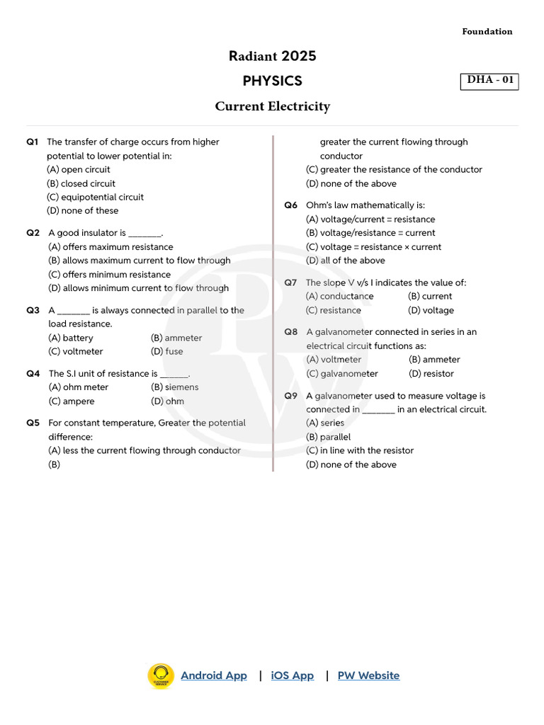 Current Electricity - DHA 01 - Radiant 2025 | PDF | Voltage | Series ...