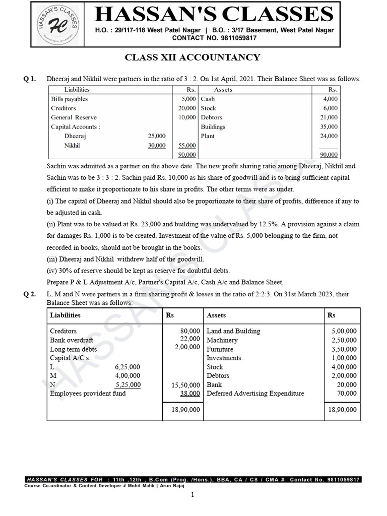 Class XII Accountancy Partnership Problems | PDF | Book Value | Balance ...