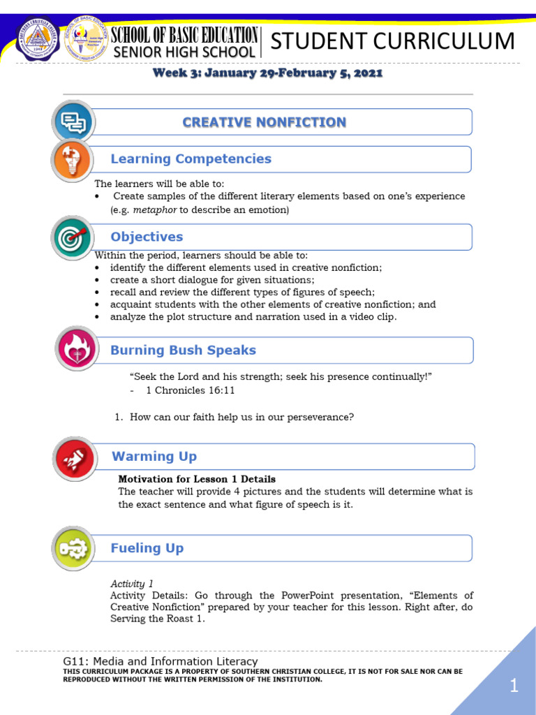 Creative Nonfiction Curriculum Package W3 | PDF | Learning | Cognition