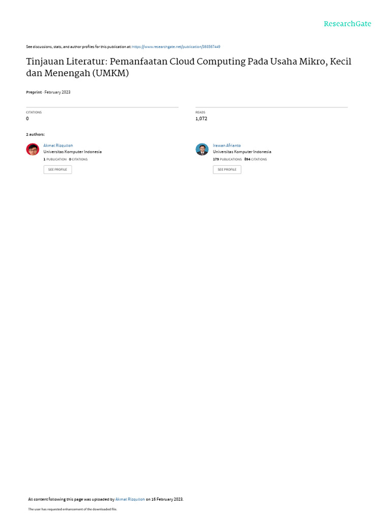 Tinjauan Literatur Pemanfaatan Cloud Computing Pada Usaha Mikro Kecildan Menengah UMKM | PDF