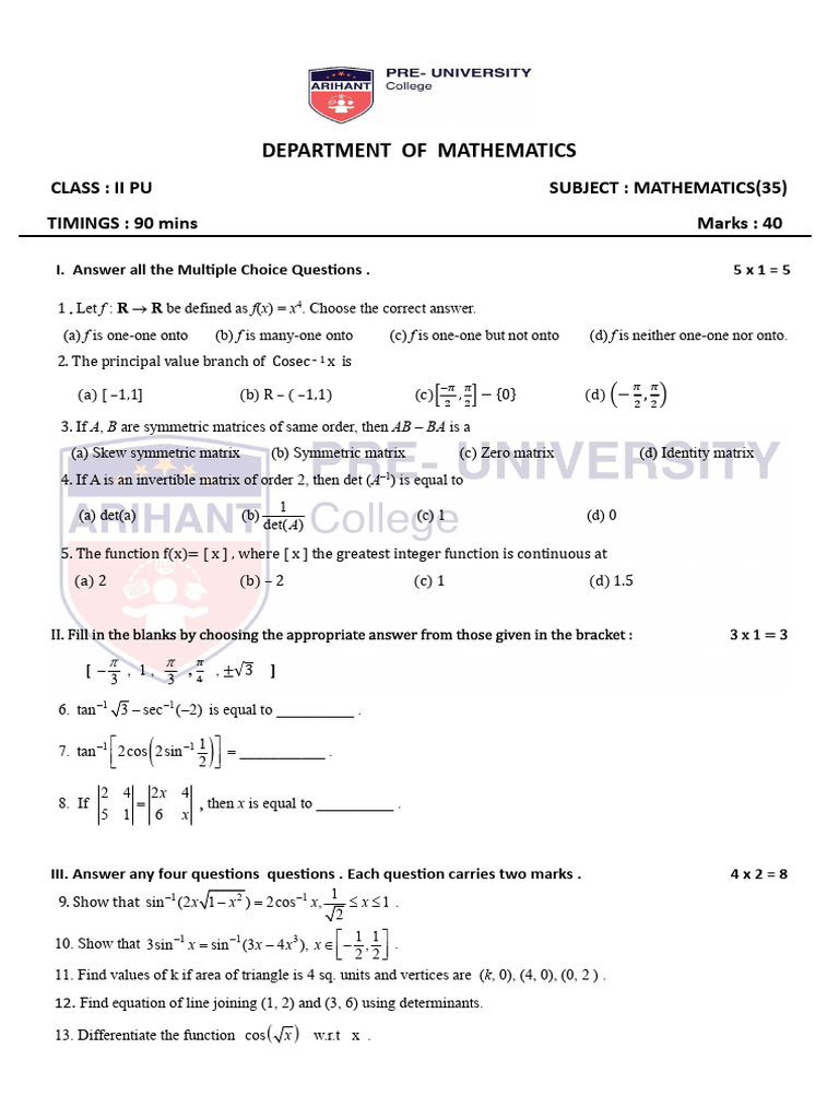 2nd PU Maths Board Test Model Paper 2 | PDF | Matrix (Mathematics ...