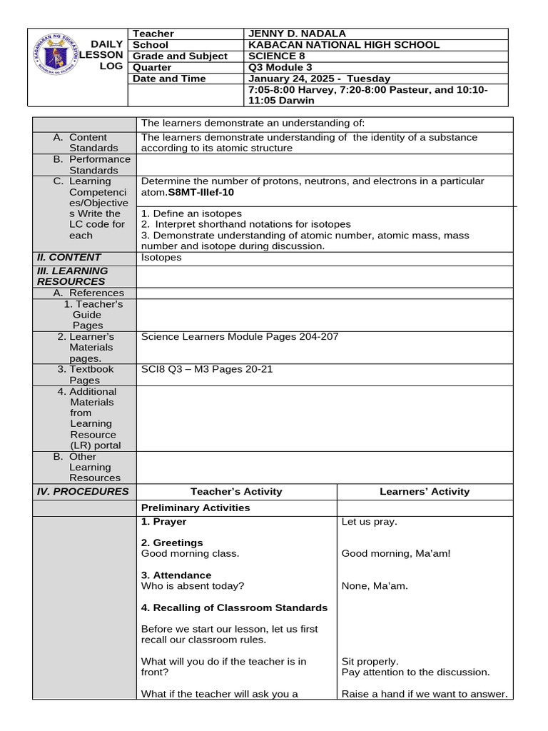 Q3 - M3 - L3-Dlp-Isotopes Shorthand Notation-Jan 24 | PDF | Isotope | Chemical Elements