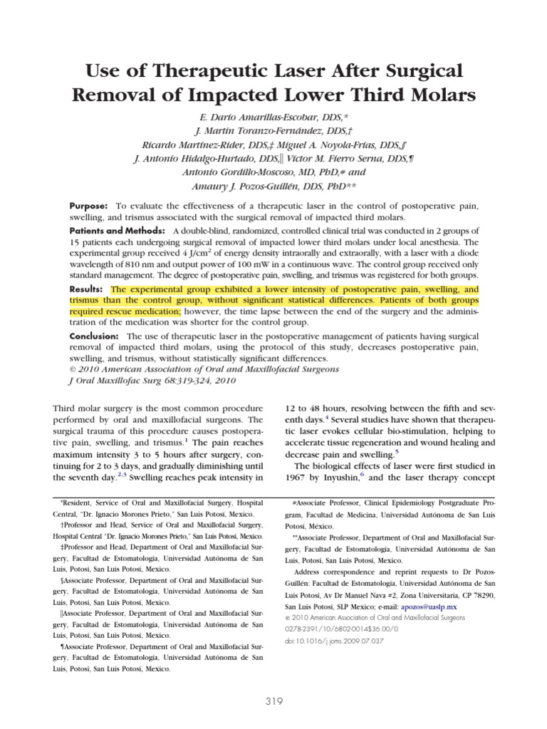 Use of Therapeutic Laser After Surgical Removal of Impacted Lower Third ...