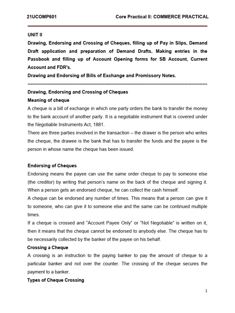 Commerce Practical Unit II Theory | PDF | Cheque | Negotiable Instrument