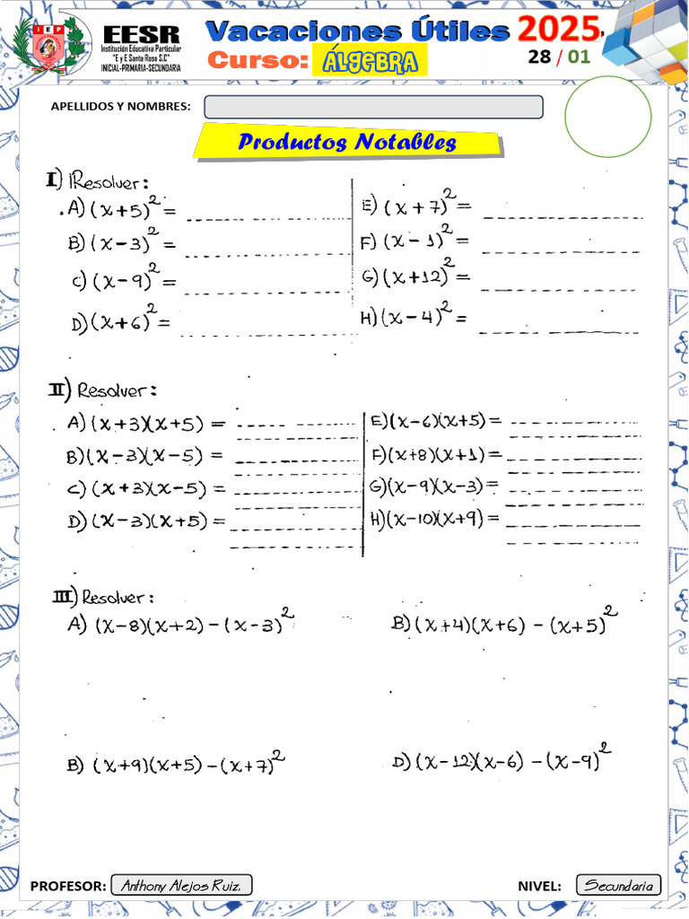 Álgebra - 1ero y 2do Sec - Tema 3 - Productos Notables | PDF