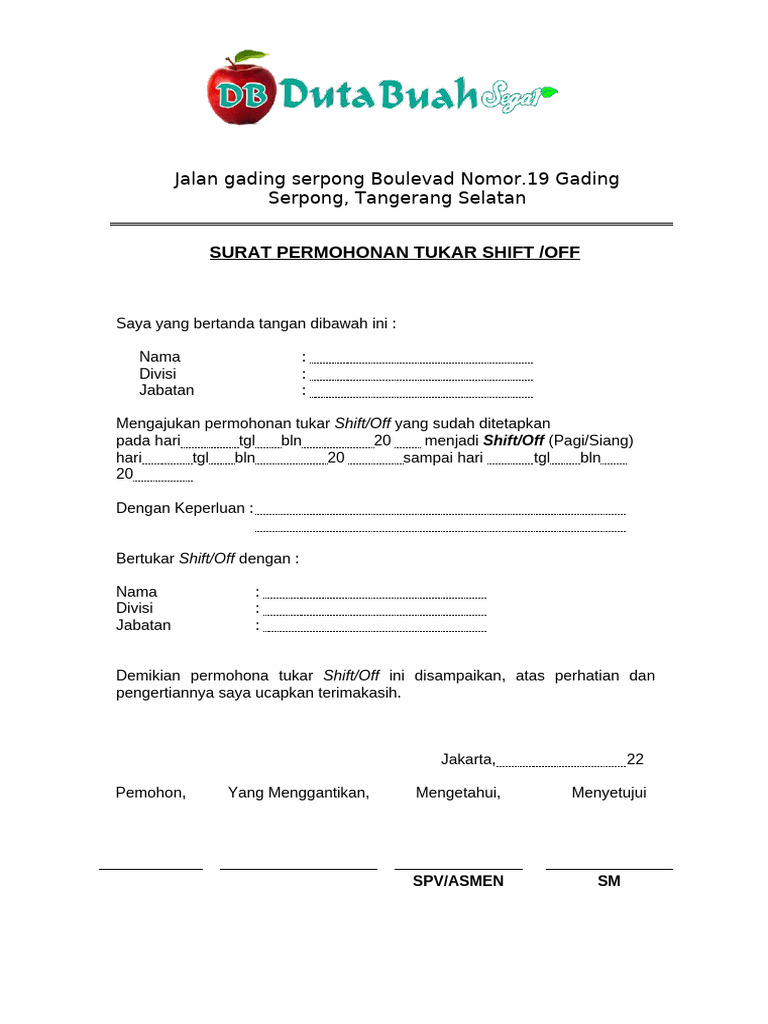Surat Pengajuan Tukar Shift Off | PDF