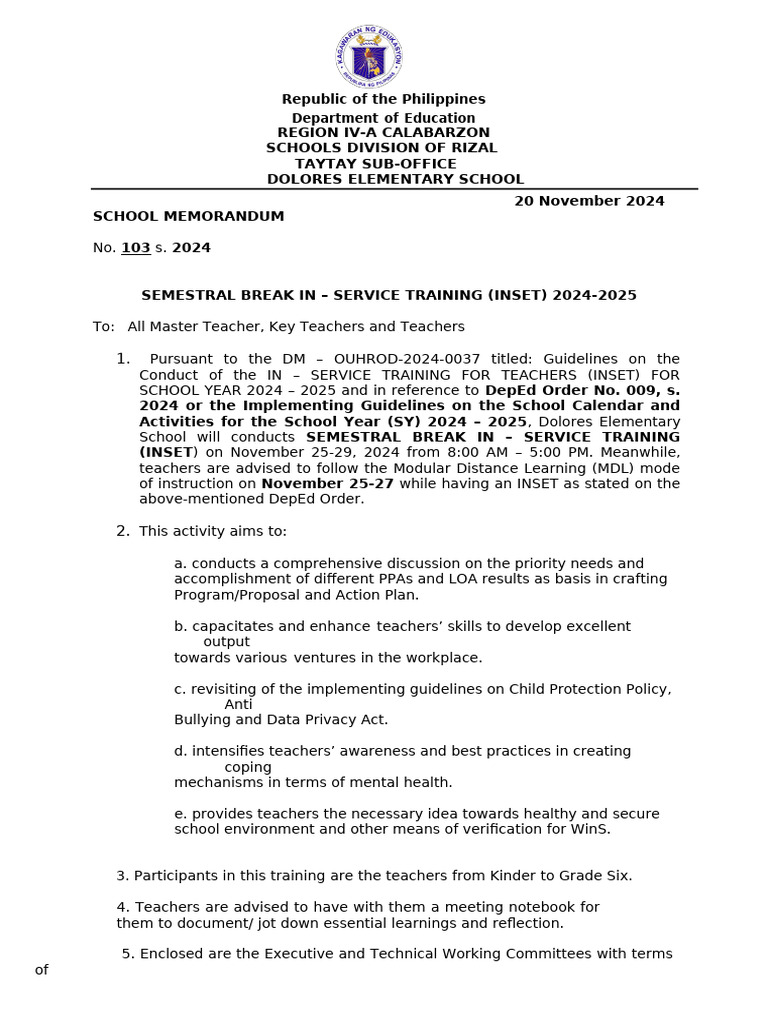 INSET 2024-2025 Training Schedule | PDF | Learning