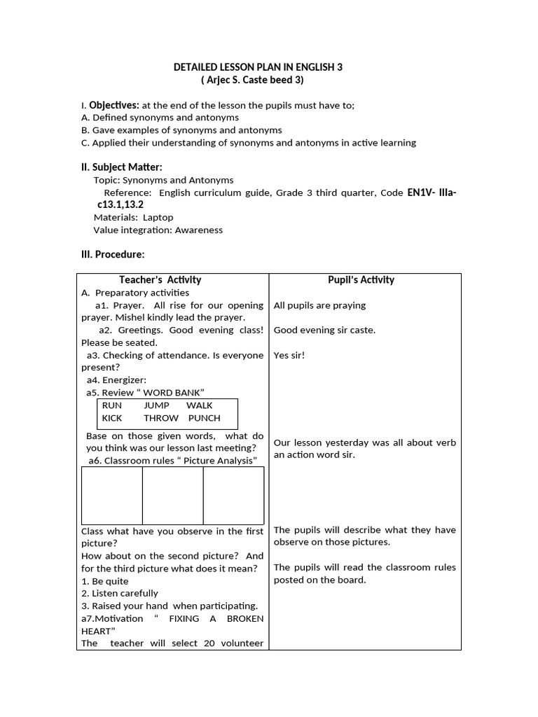 Lesson Plan: Synonyms and Antonyms | PDF | Learning | Human Communication