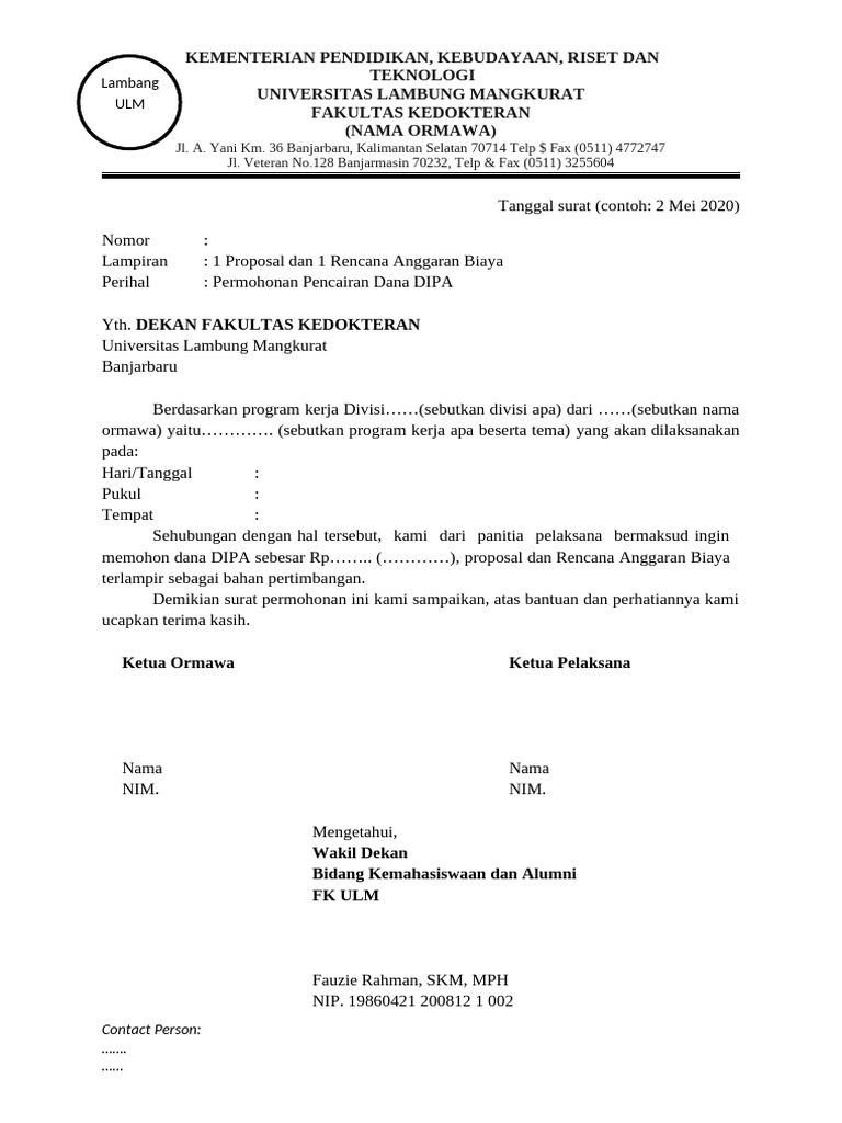 Contoh Surat Permohonan Dana DIPA | PDF
