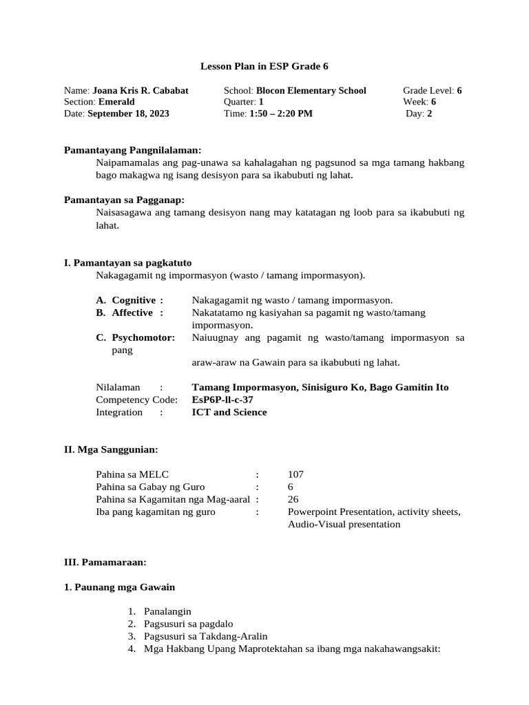 Lesson Plan in ESP Grade 6 | PDF