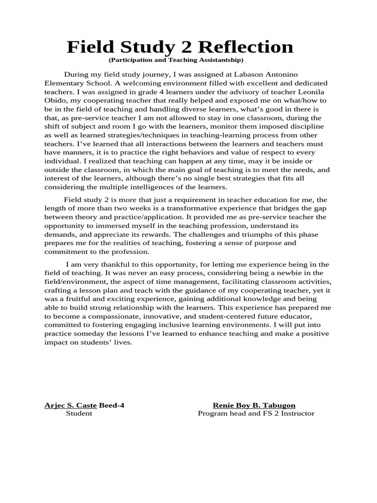 Field Study 2 Reflection | PDF | Teachers | Learning