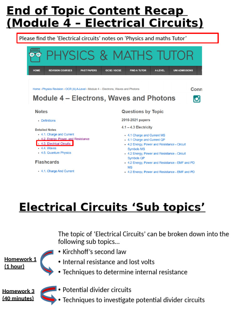 End of Topic Content Recap Exercise - Electrical Circuits | PDF