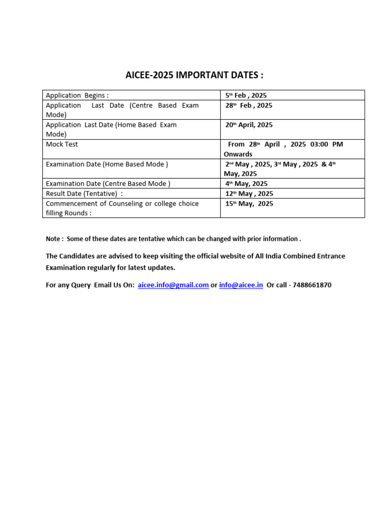 AICEE 2025 Important Dates and Details | PDF