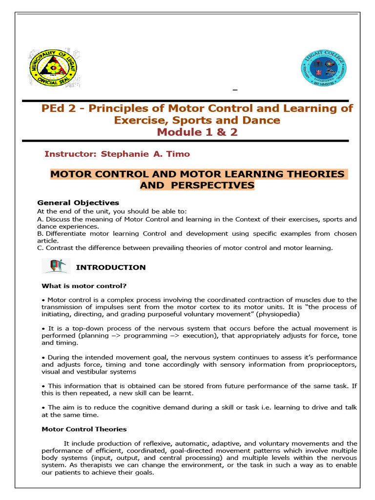 Ped 2 Principles of Motor Control and Learning of Exercise Sports and ...