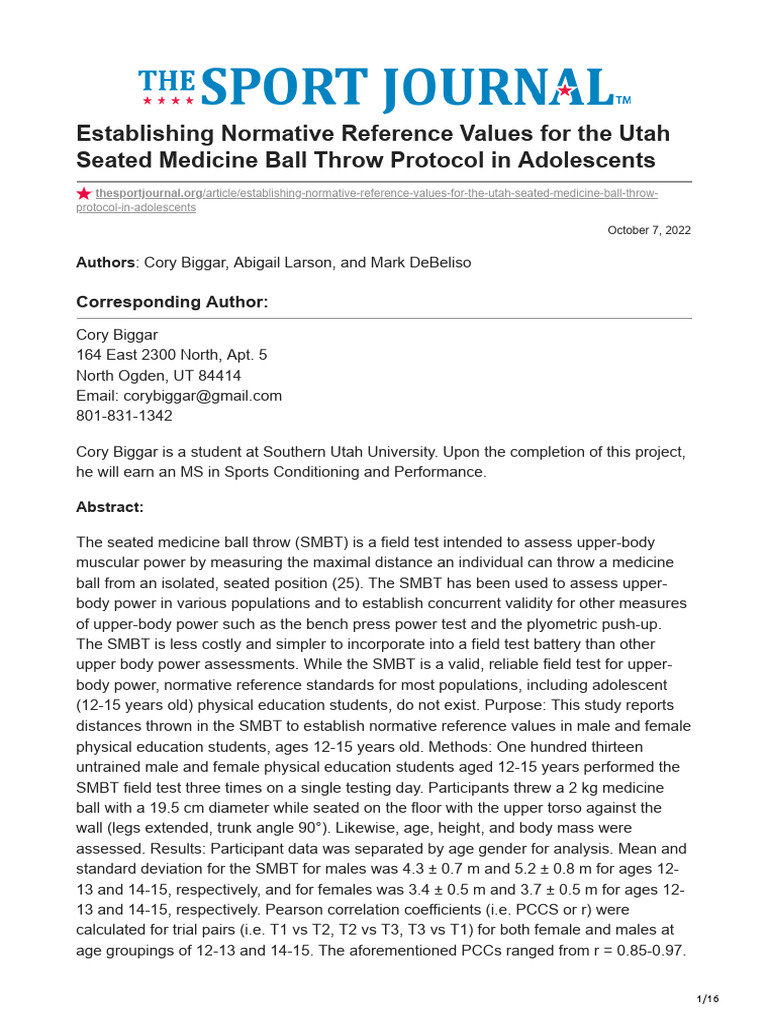 Establishing Normative Reference Values For The Utah Seated Medicine ...