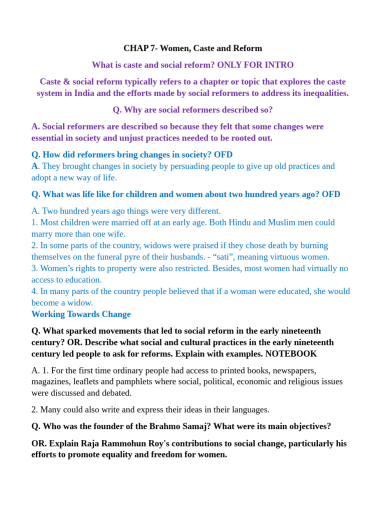 CLASS VIII QUES & ANS Women, Caste and Reform | PDF | Indian Religions