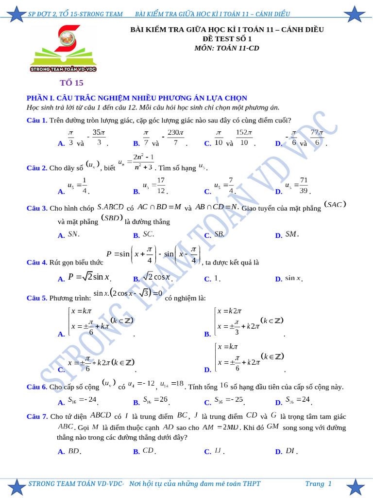 TỔ-15-ĐỢT-2-KIEM-TRA-GK1-TOAN-11-CANH-DIEU. | PDF