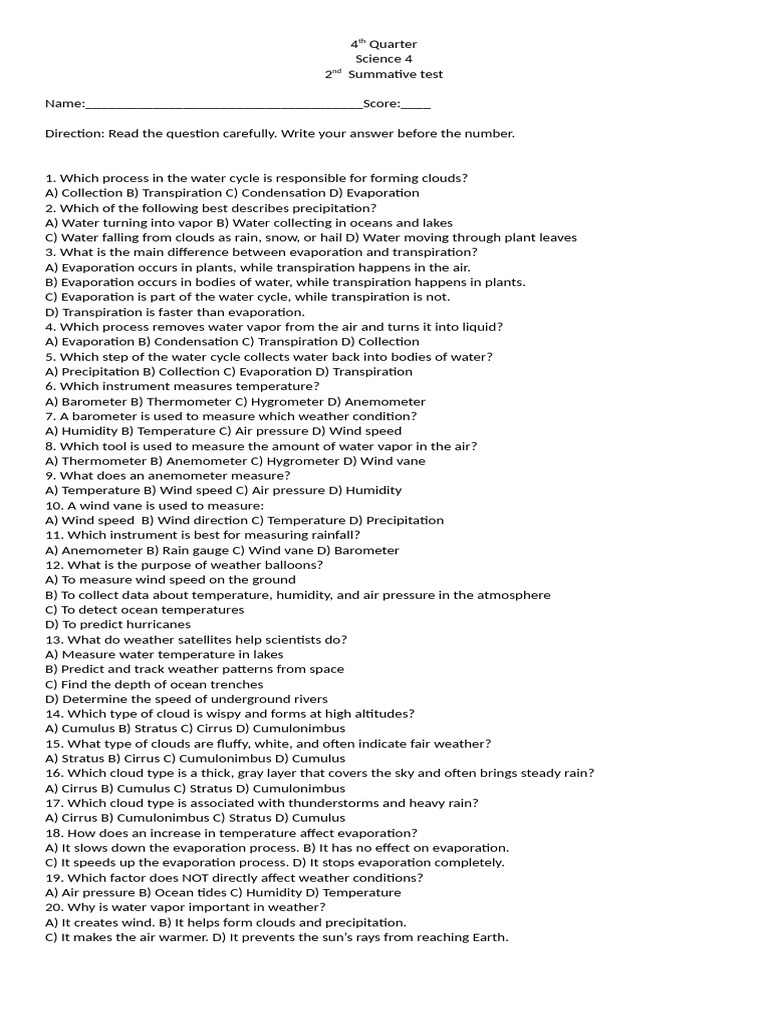 Science 4 Q4 Summative 2 | PDF | Cloud | Evaporation