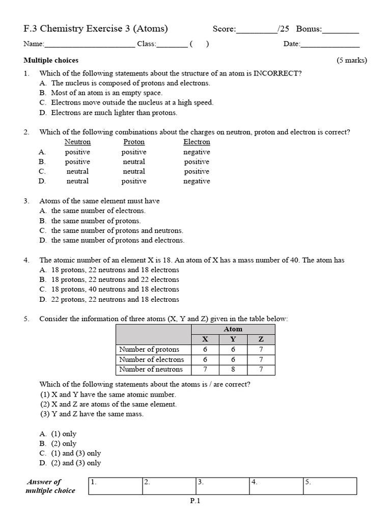 F3 Chem 1st Term Exercise | PDF | Atoms | Proton