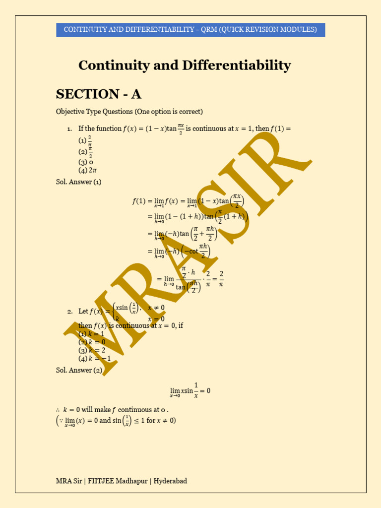Continuity and Differnentiability QRM MRA Sir | PDF | Mathematical Analysis | Mathematics