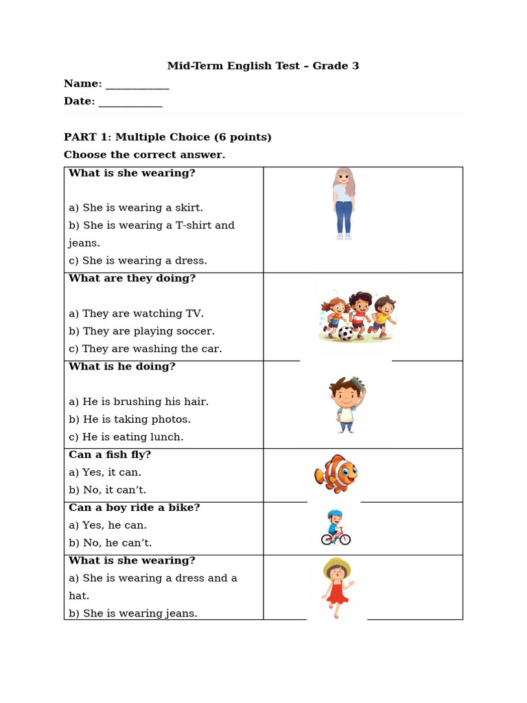 Mid Term English Test Grade 3 Name Date Pdf