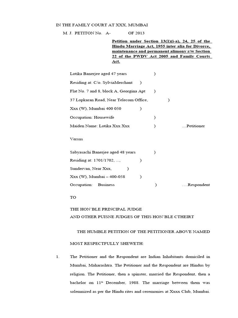 Sample Divorce Petetion | PDF | Marriage