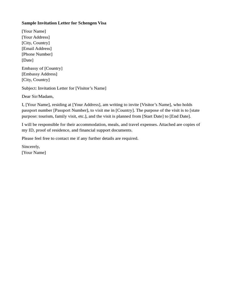 Schengen Visa Invitation Letter Template | PDF