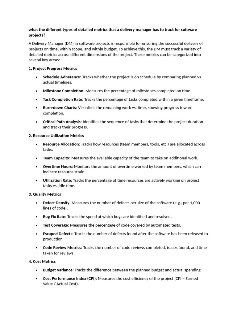 Key Metrics for Delivery Managers in Software Projects | PDF ...