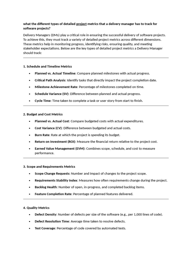 Key Project Metrics for Delivery Managers | PDF | Business