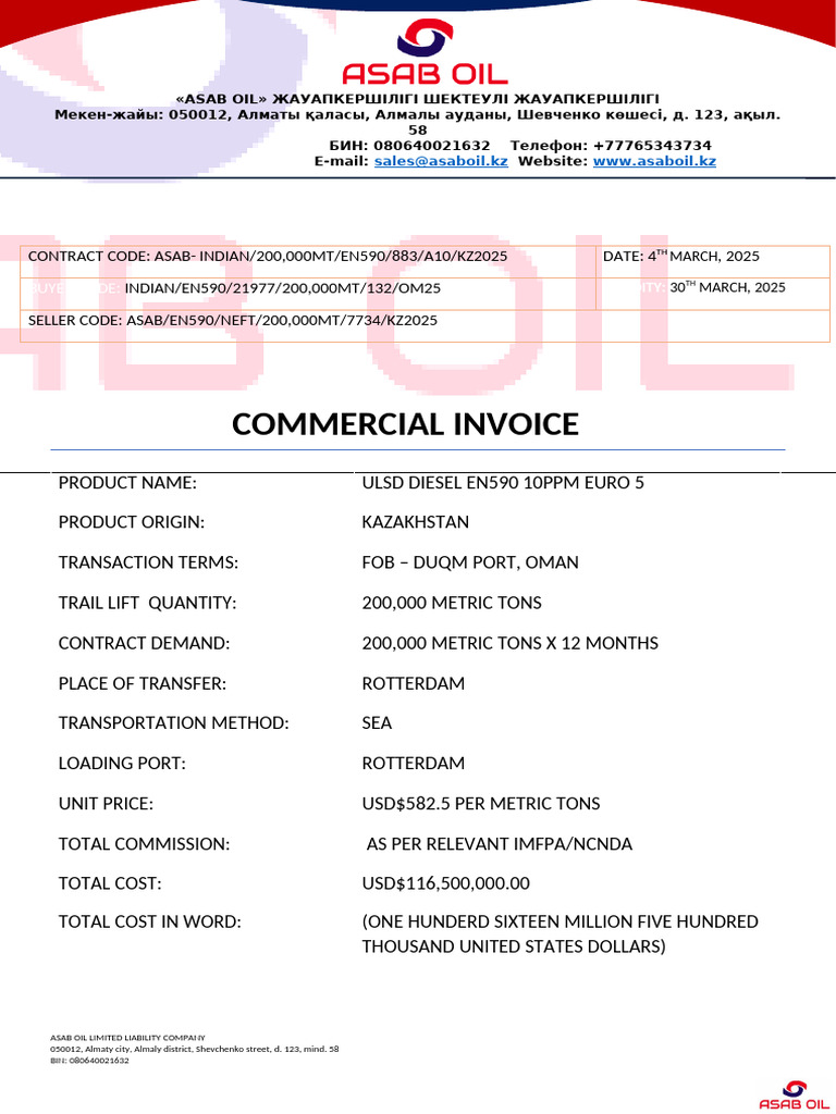 Commercial Invoice (Ci) - (En590) - Indian Creek Resources Inc. | PDF