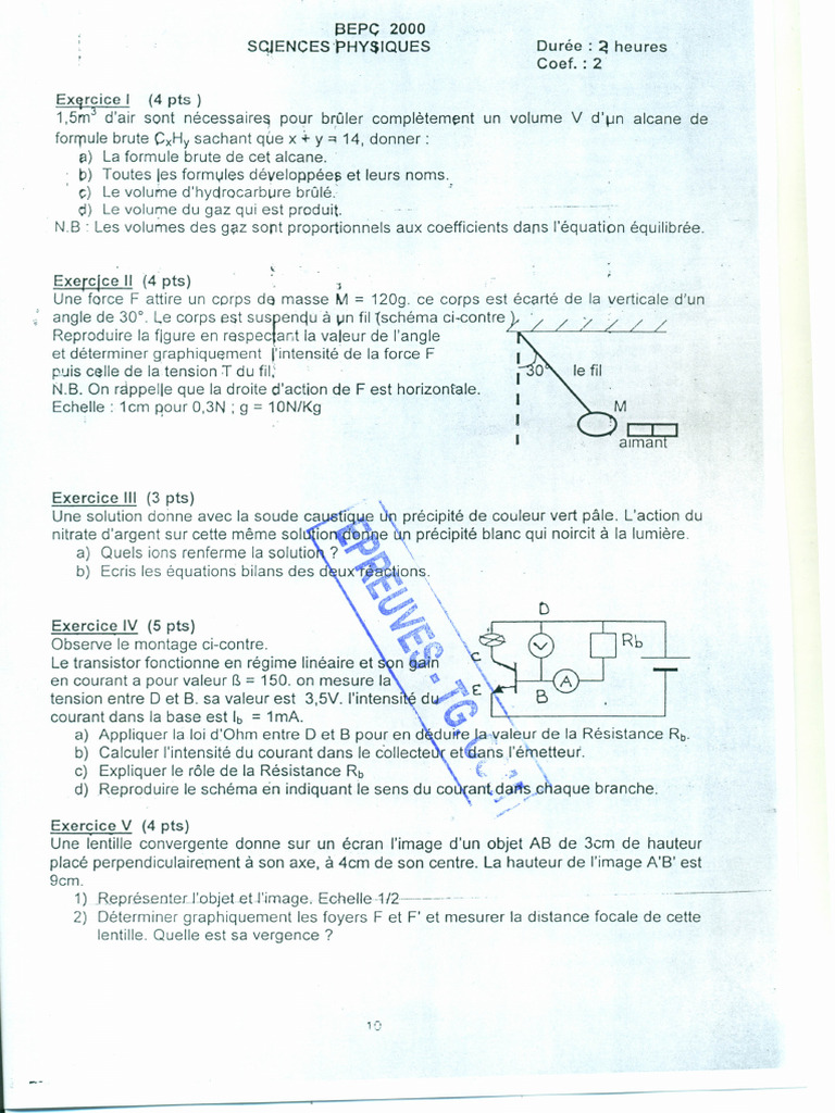 Sujet BEPC 2000 en Physique-Chimie | PDF
