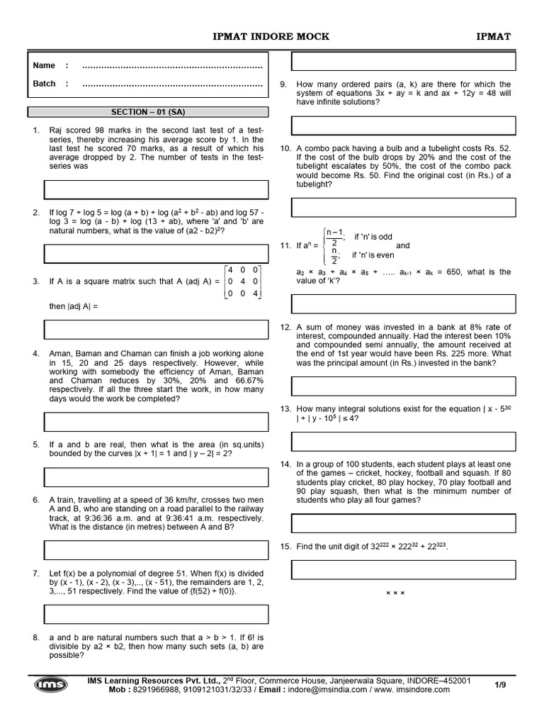 indore mock | PDF | Mathematical Concepts | Mathematical Objects