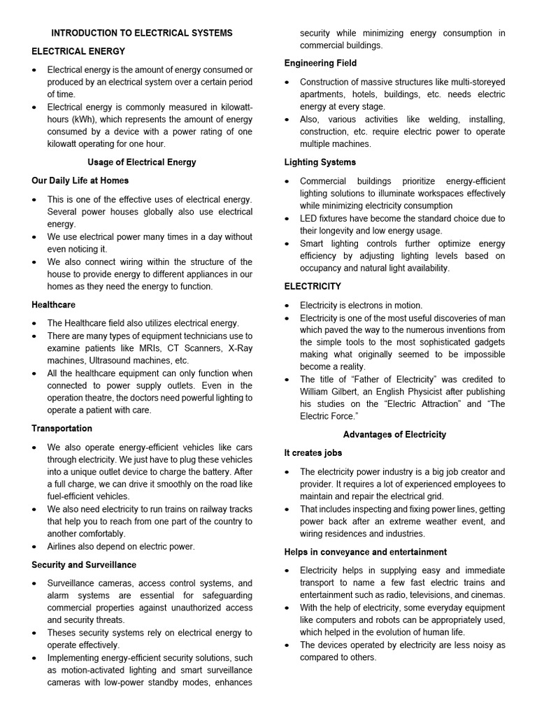 INTRODUCTION TO ELECTRICAL SYSTEMS Handout | PDF | Lighting | Electricity