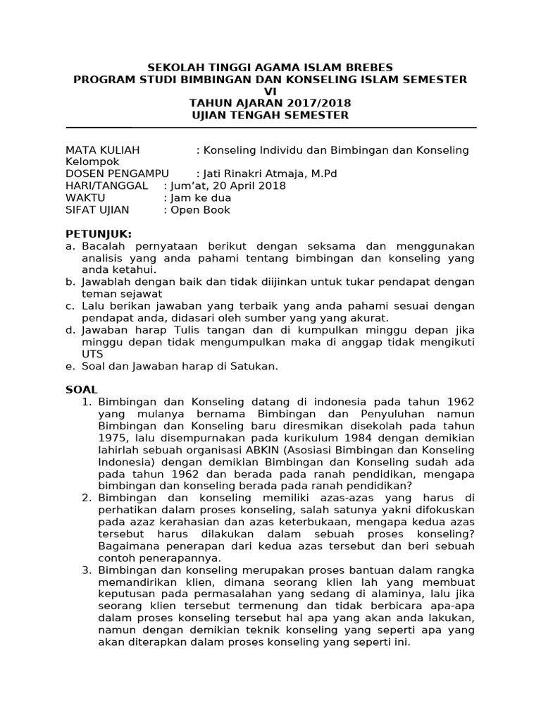 SOAL UTS MK Kons. Pribadi dan BK Kelompok | PDF