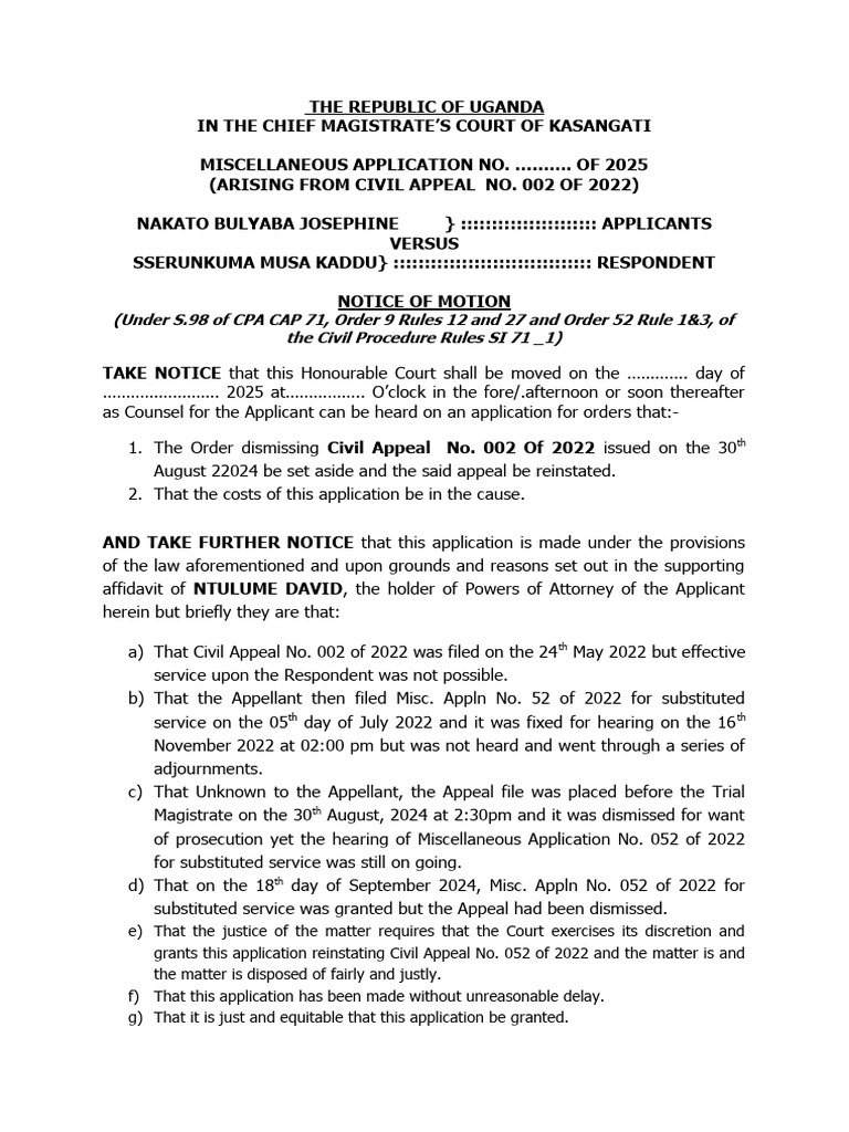 Uganda Court Motion to Reinstate Appeal | PDF | Appeal | Common Law