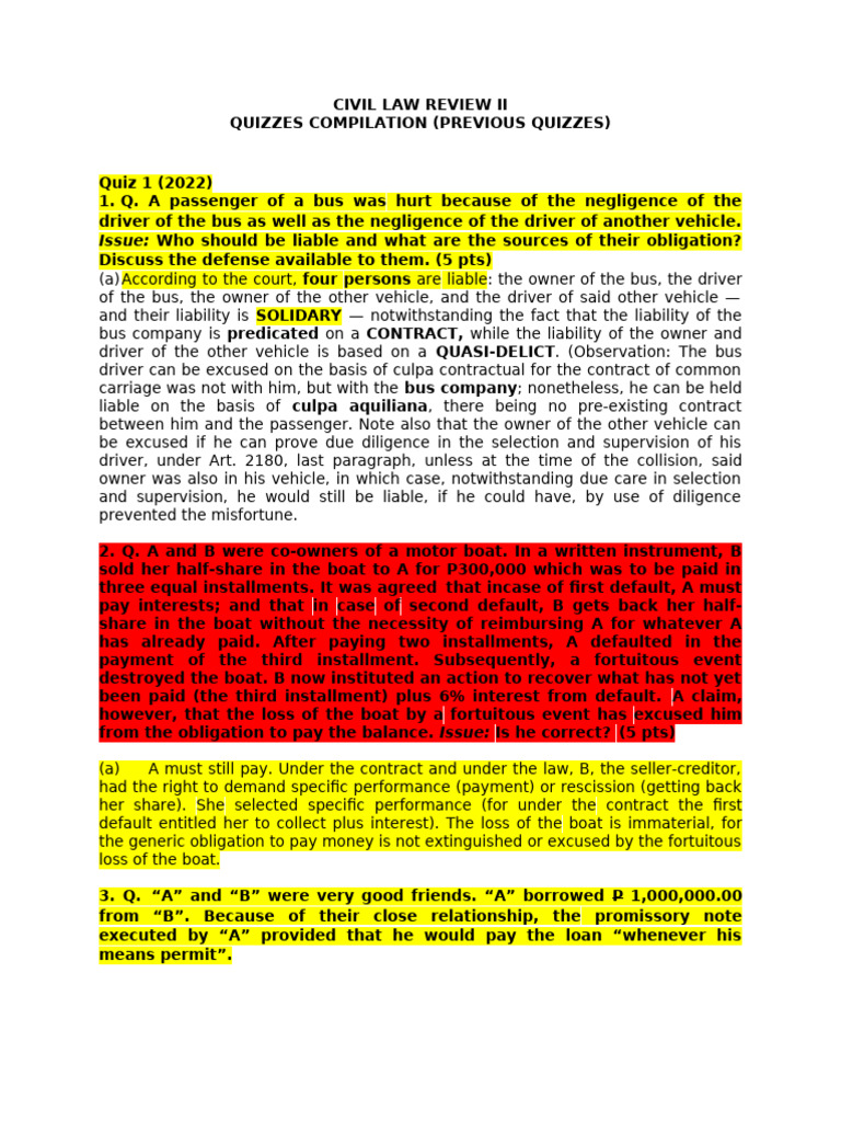 Civil Law Quizzes Compilation 2022 | PDF | Foreclosure | Lease