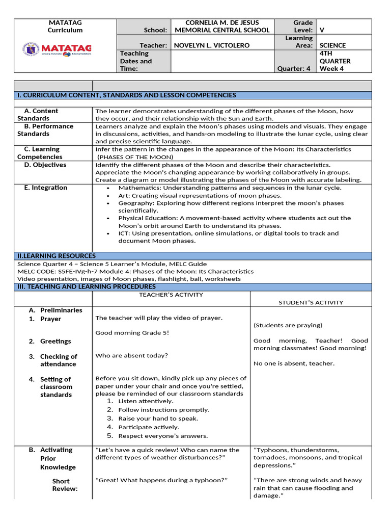Grade 5 Lesson Plan: Moon Phases | PDF | Moon | Learning