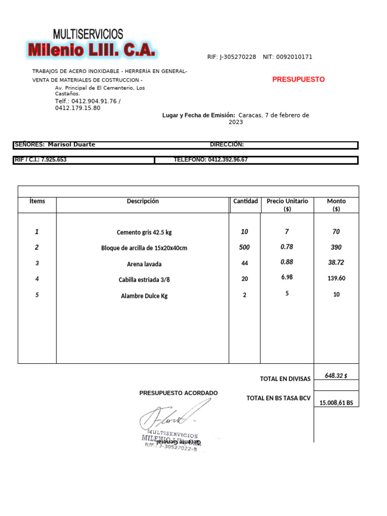 Presupuesto Marisol | PDF