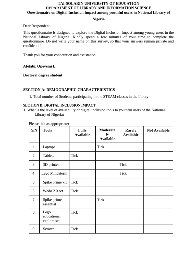 Thesis Questionnaire for Resource Person | PDF | Libraries | Educational Technology