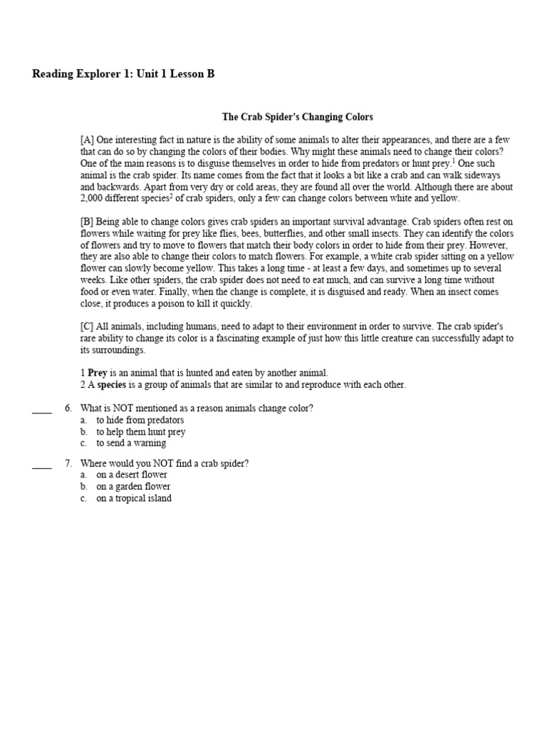 Reading Explorer 1 Unit 1 Lesson B | PDF | Spider | Predation