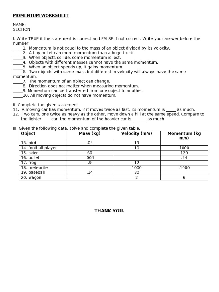 Momentum Worksheet | PDF