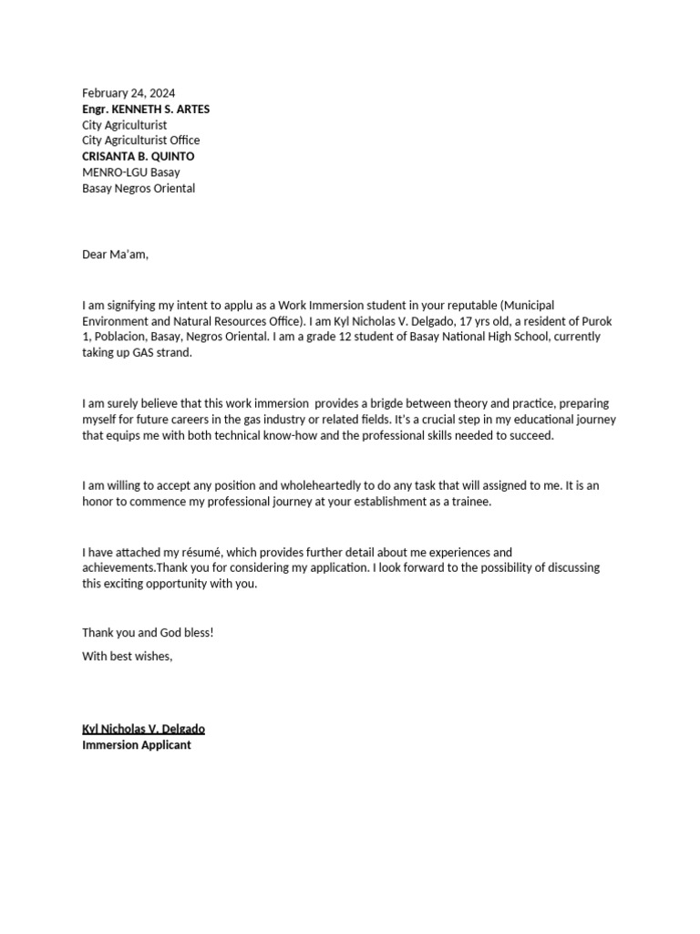 Work Immersion Application Letter | PDF